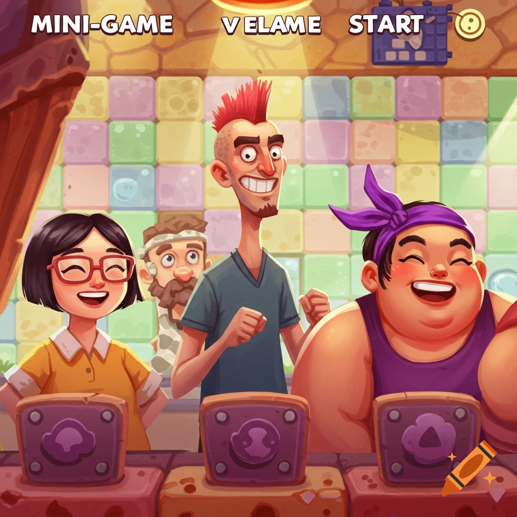 Cartoon characters in a mini-game lobby preparing to play. on Craiyon