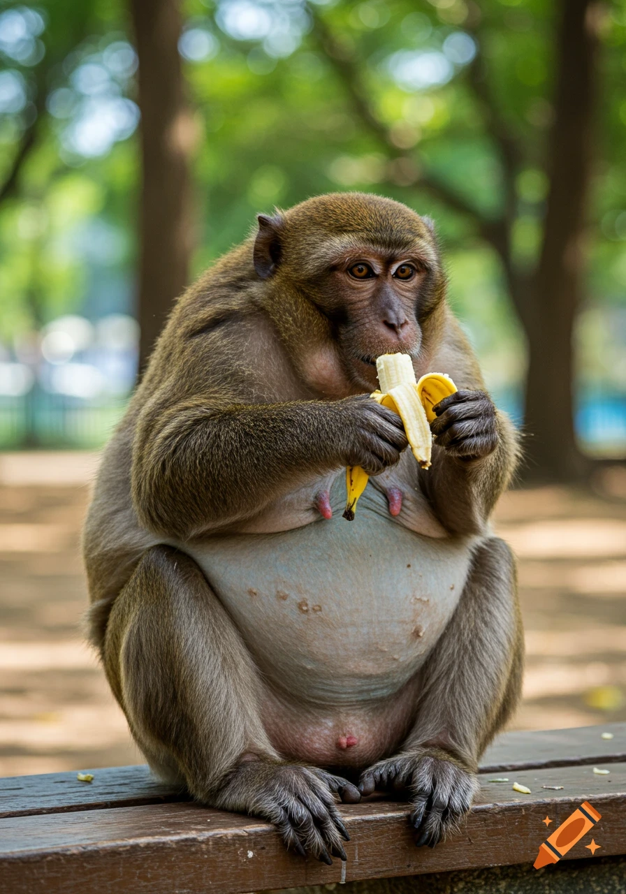 An obese monkey sits on a bench eating a banana. on Craiyon