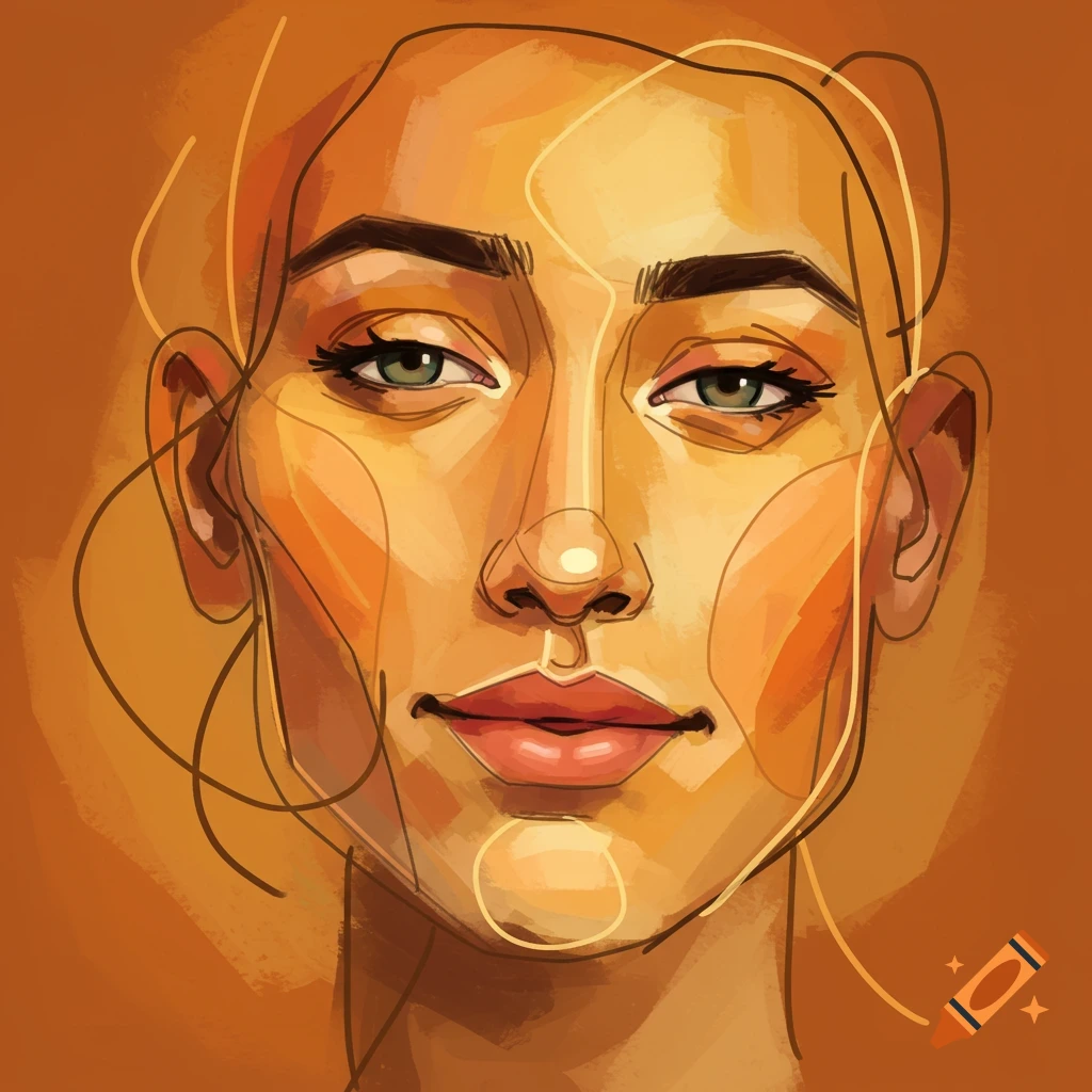 Abstract portrait of a woman's face with lines in warm tones and ...