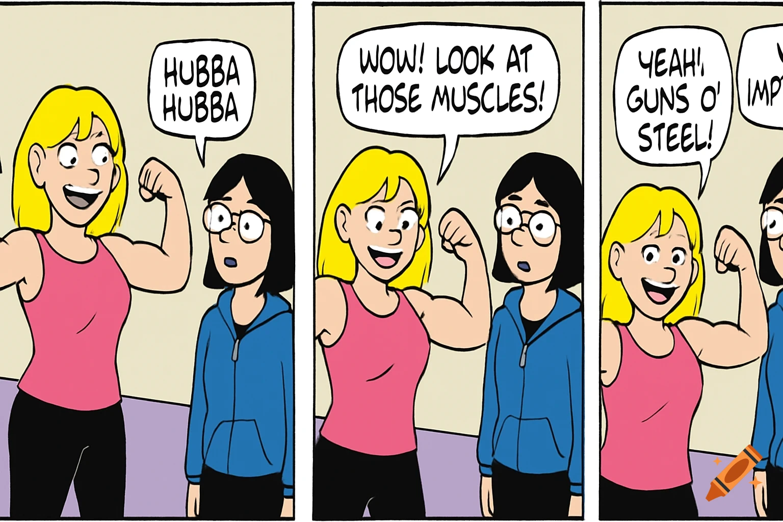 Cartoon comic strip of a woman flexing her bicep as another looks on ...