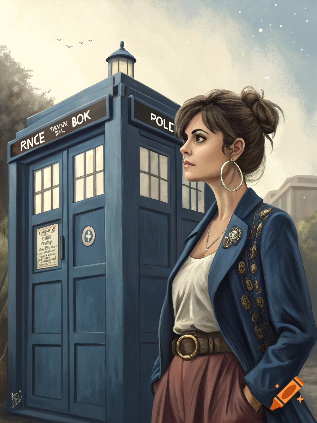 Illustration of woman resembling Clara Oswald standing beside the ...