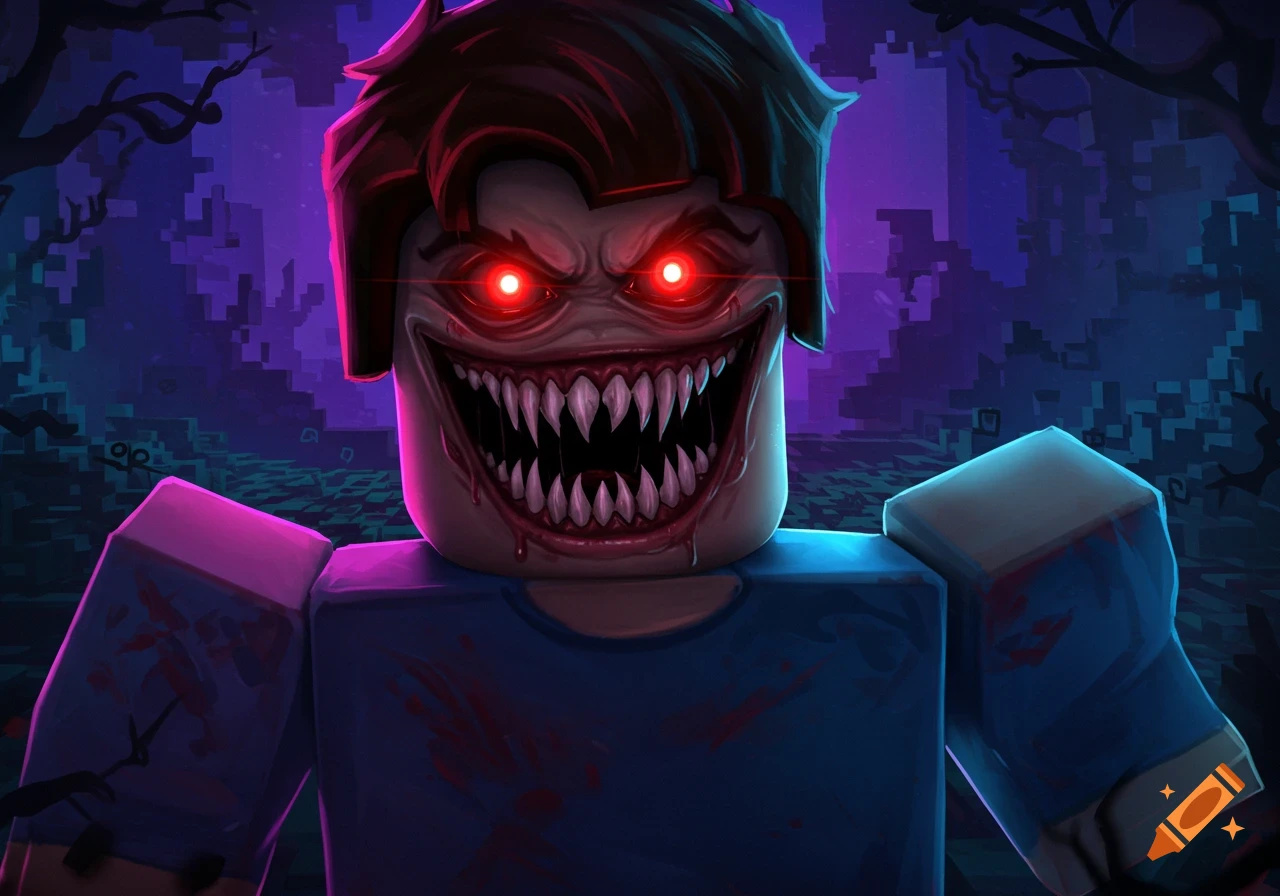 A horror-themed Roblox character with sharp teeth, red eyes, and ...