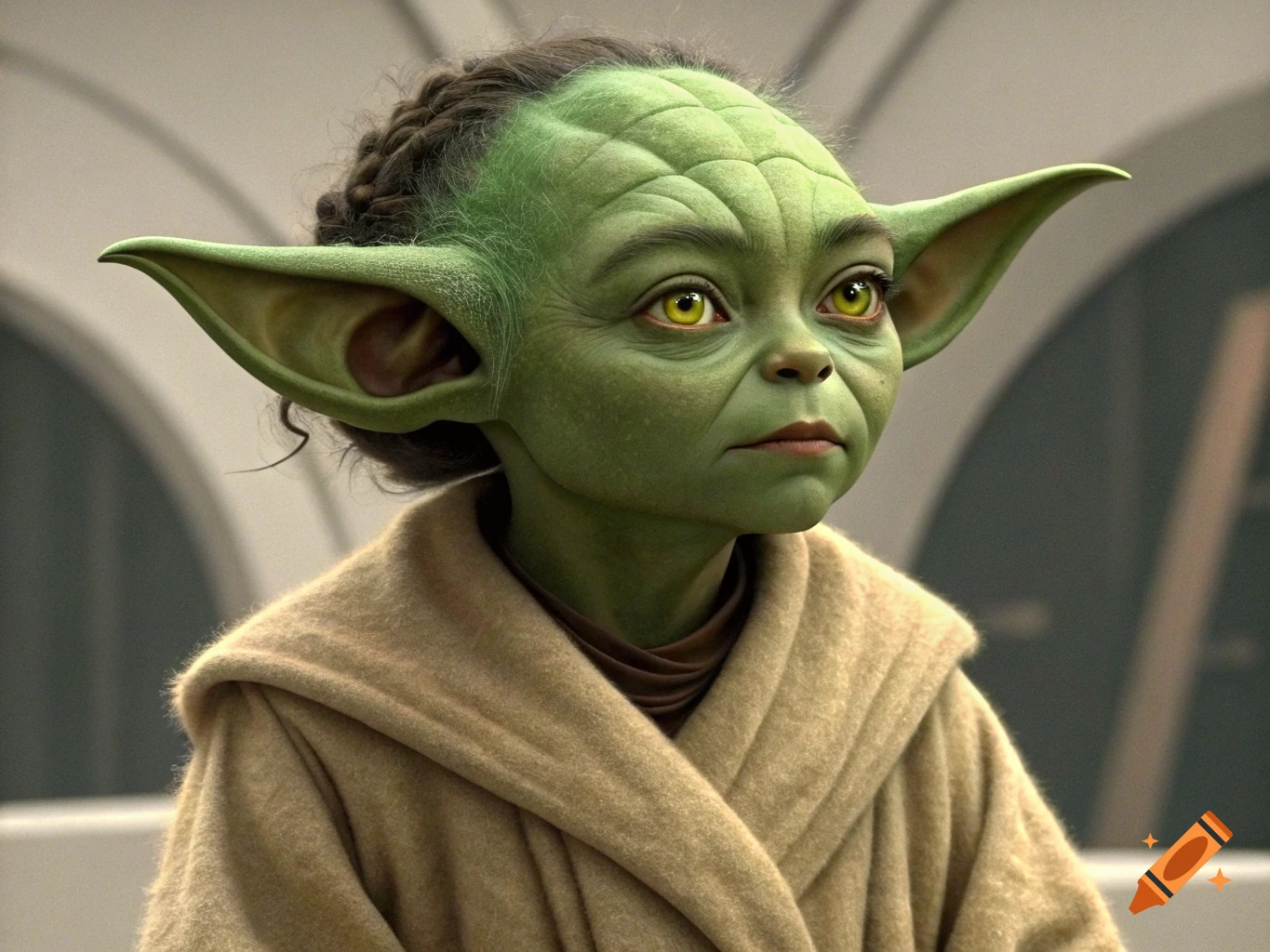 Human-like Yoda with braided hair and large ears in a tan robe, looking ...
