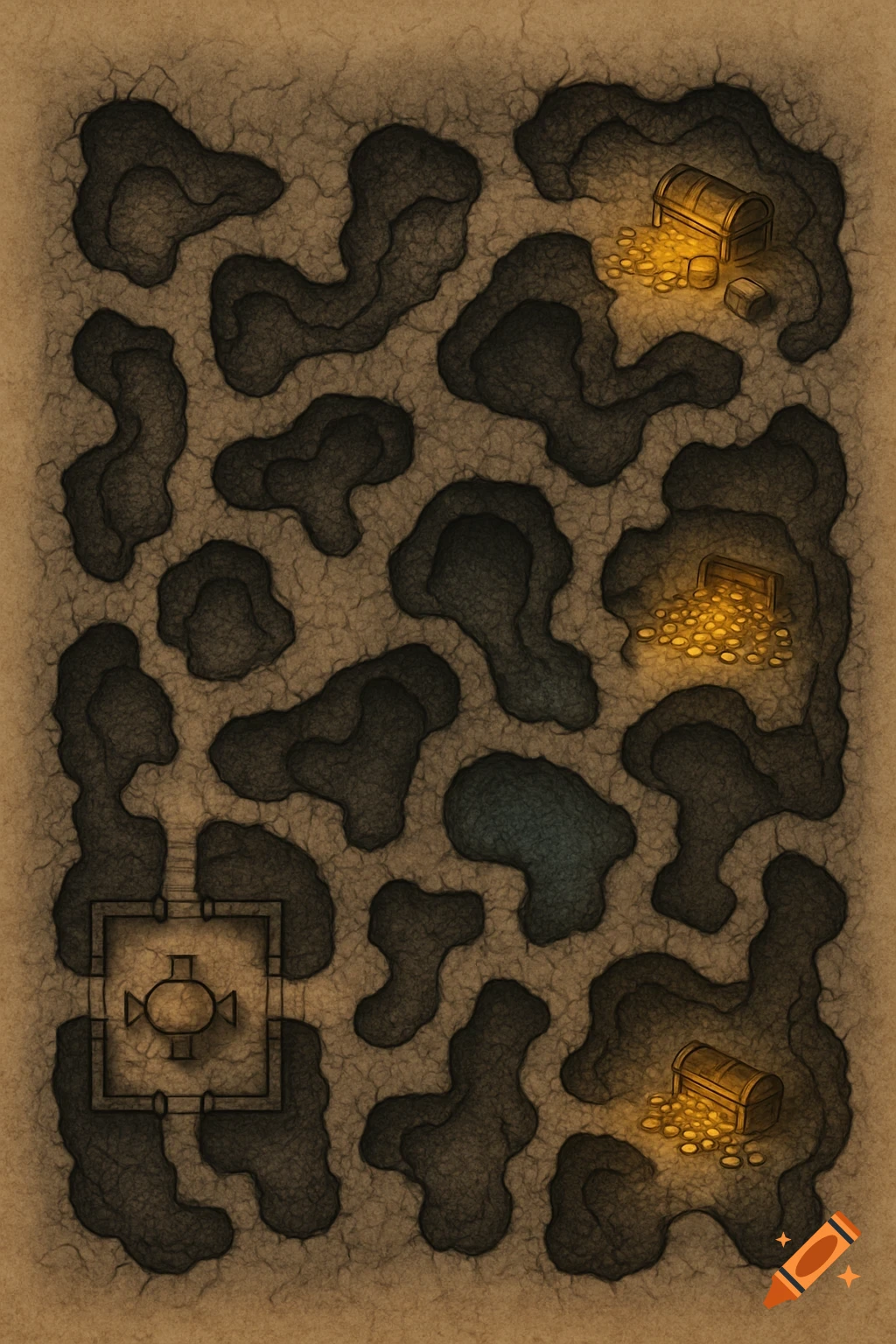 Overhead fantasy dungeon map with caves, a room, and treasure chests full of gold. on Craiyon