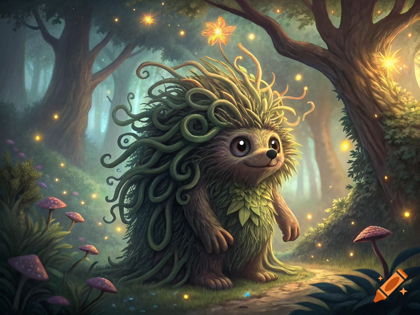A cute mossy creature stands in a magical forest with glowing lights ...