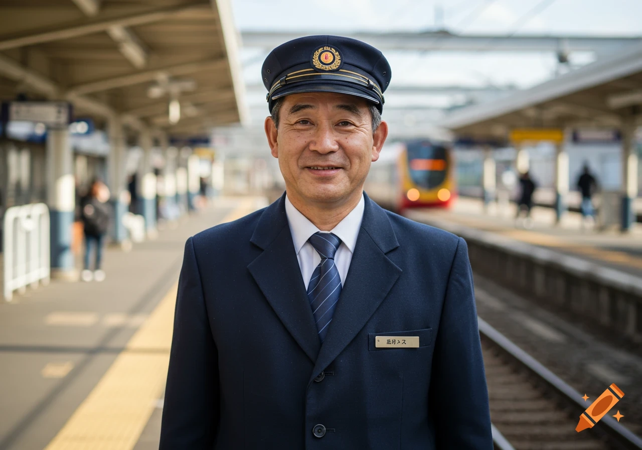 Man in train engineer uniform smiles at a train station platform. on ...