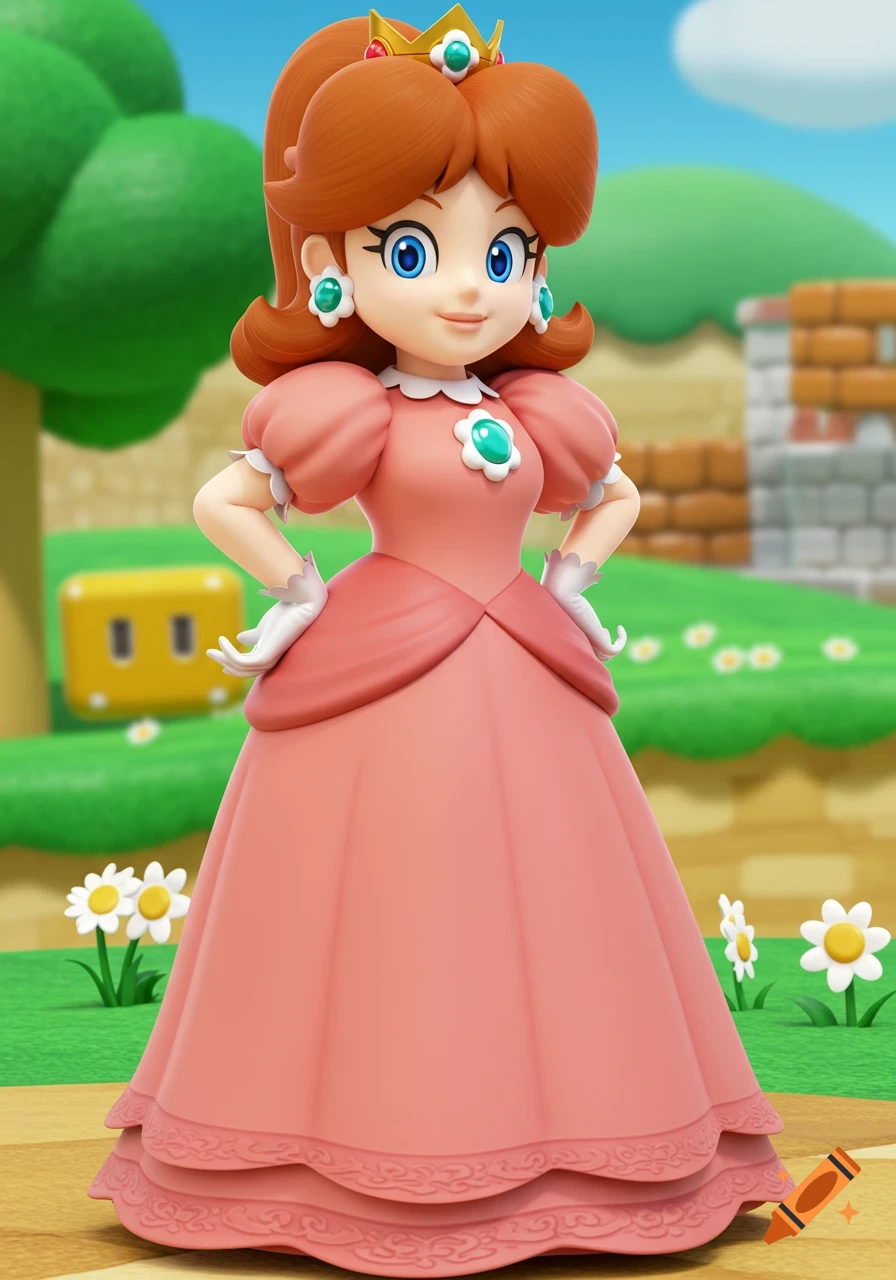 Princess Daisy in a pink dress standing in a landscape on Craiyon