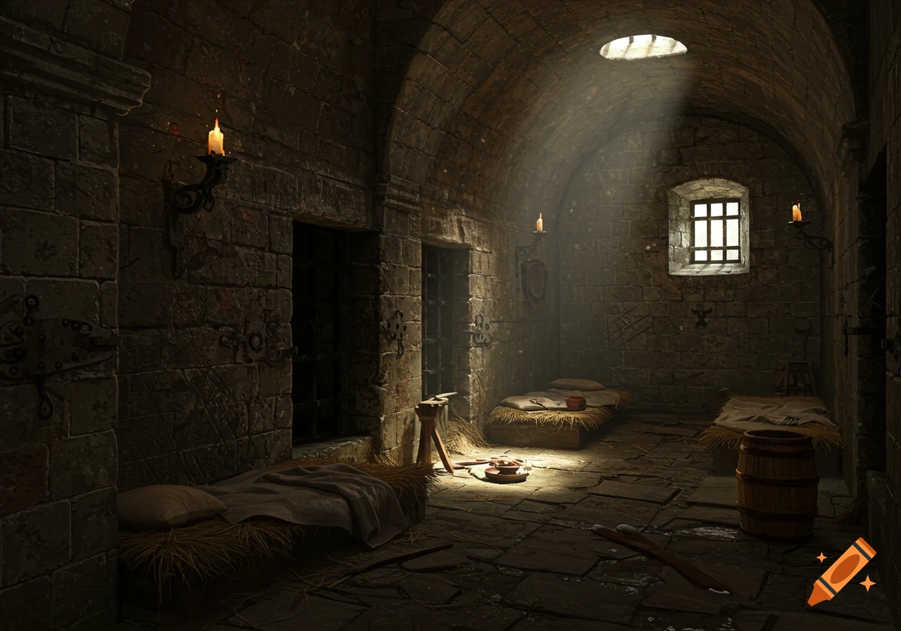 A dimly lit medieval prison cell interior with stone walls, arched ...