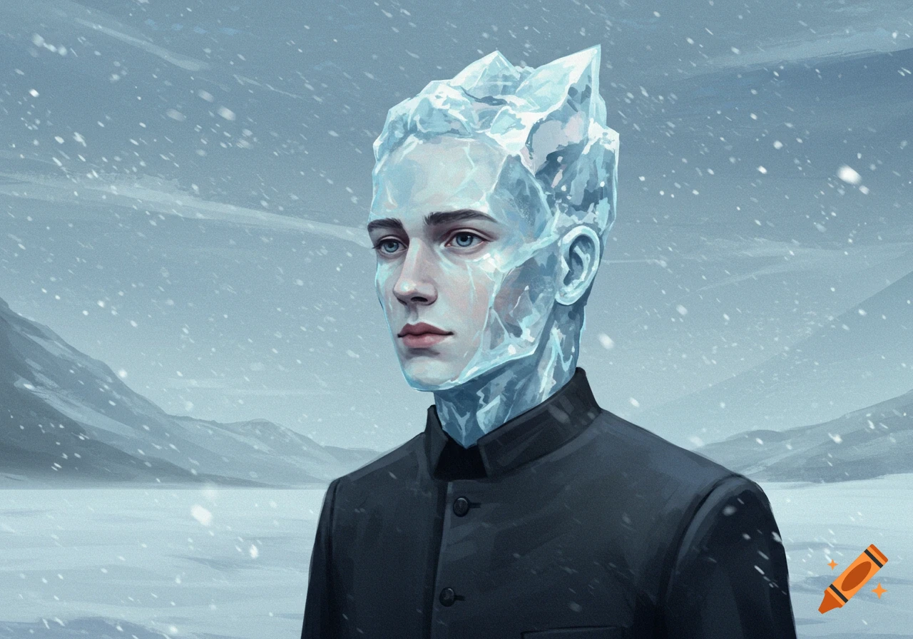 Portrait of a person with an ice head in a snowy mountain landscape. on ...