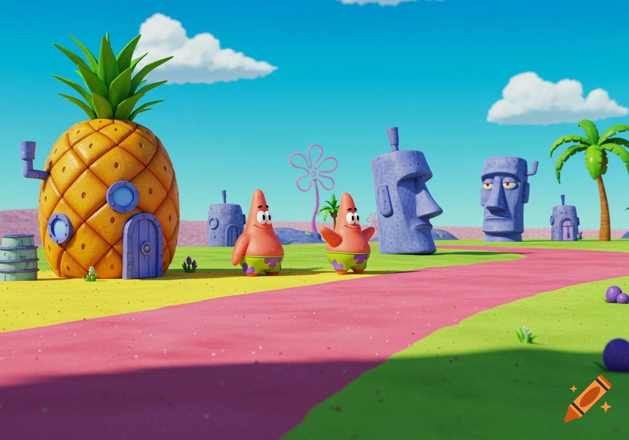 Spongebob's pineapple house and Patrick standing on a colorful street ...
