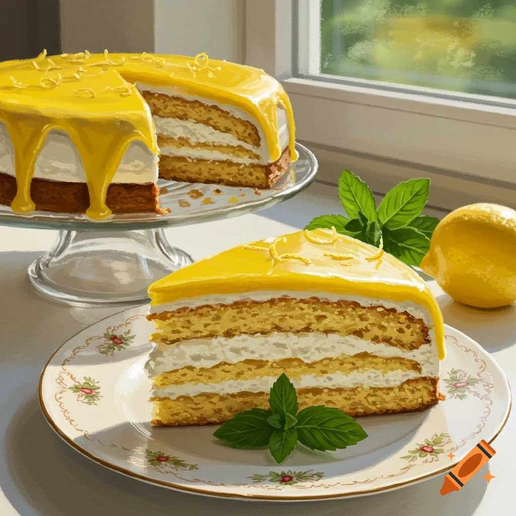 A close-up painted illustration of a slice of lemon cake on a plate ...
