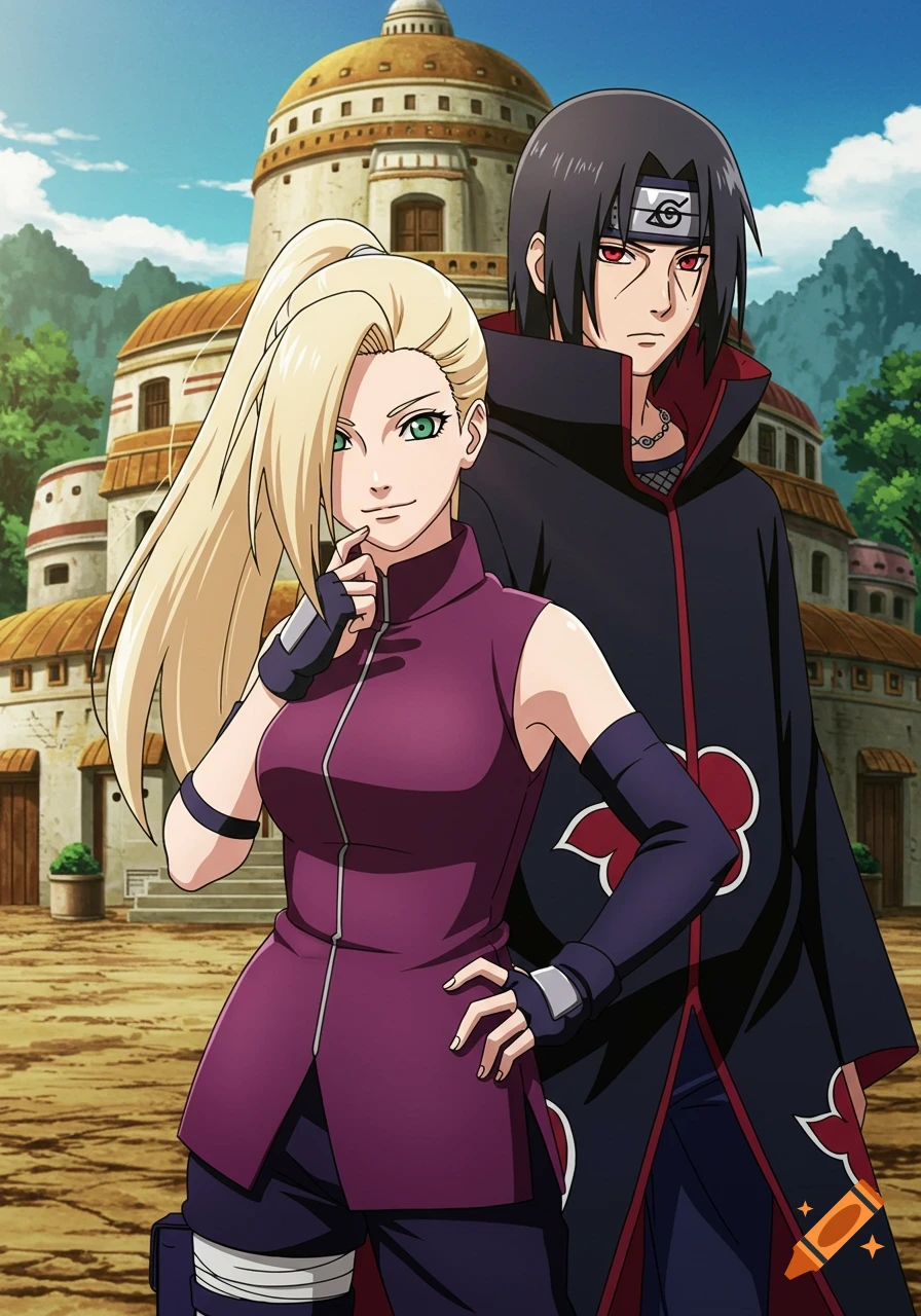 Ino Yamanaka and Itachi Uchiha from Naruto standing in front of a building on Craiyon