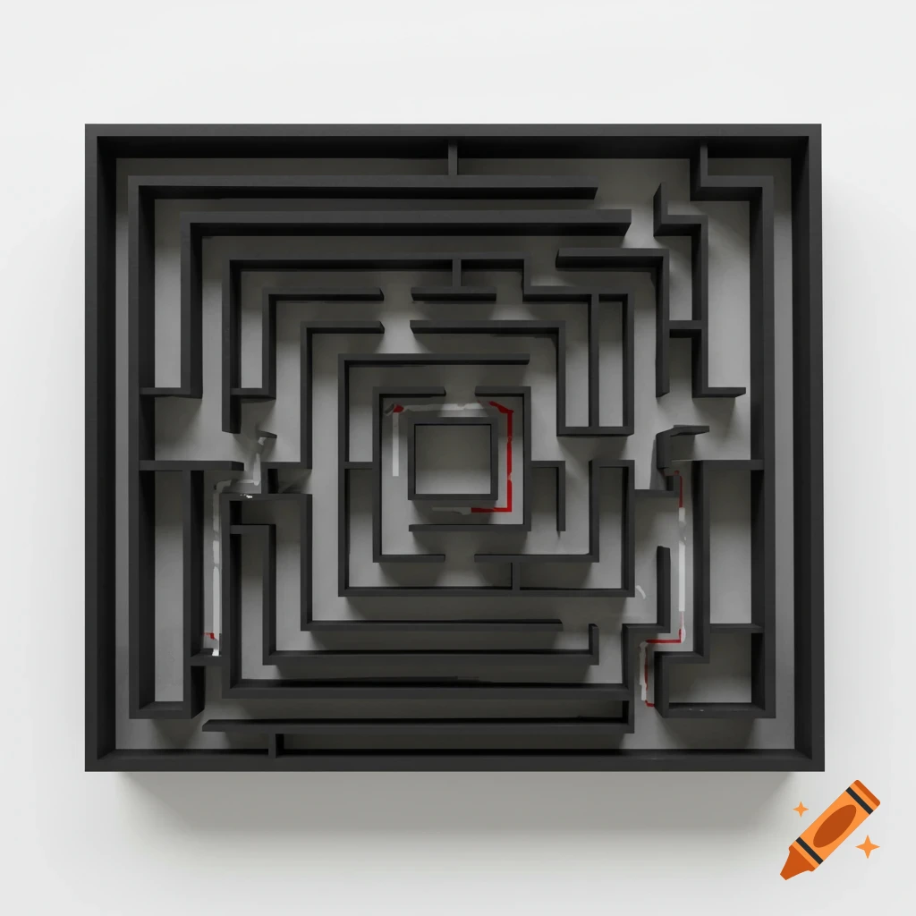 Overhead view of a black rectangular maze with a red path marked inside ...
