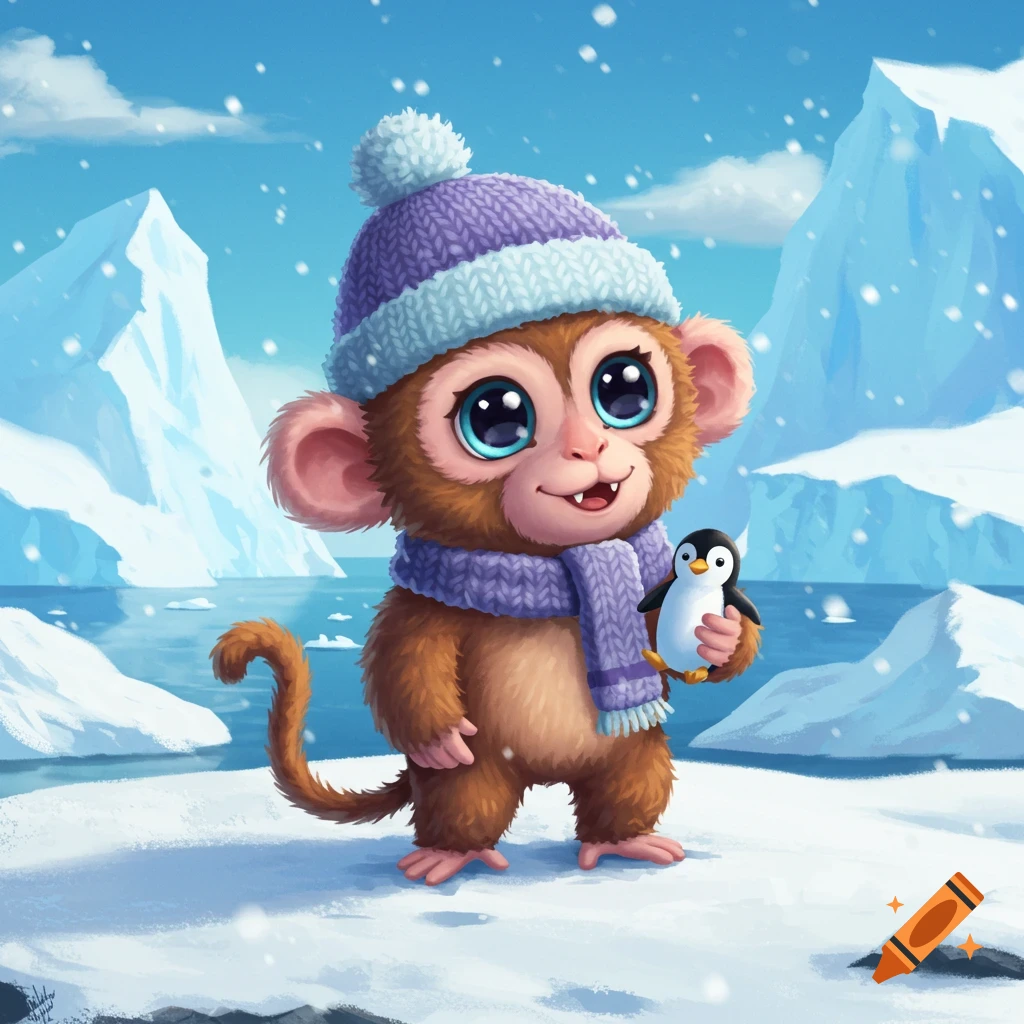A cute cartoon monkey wearing a winter hat and scarf holds a penguin in ...