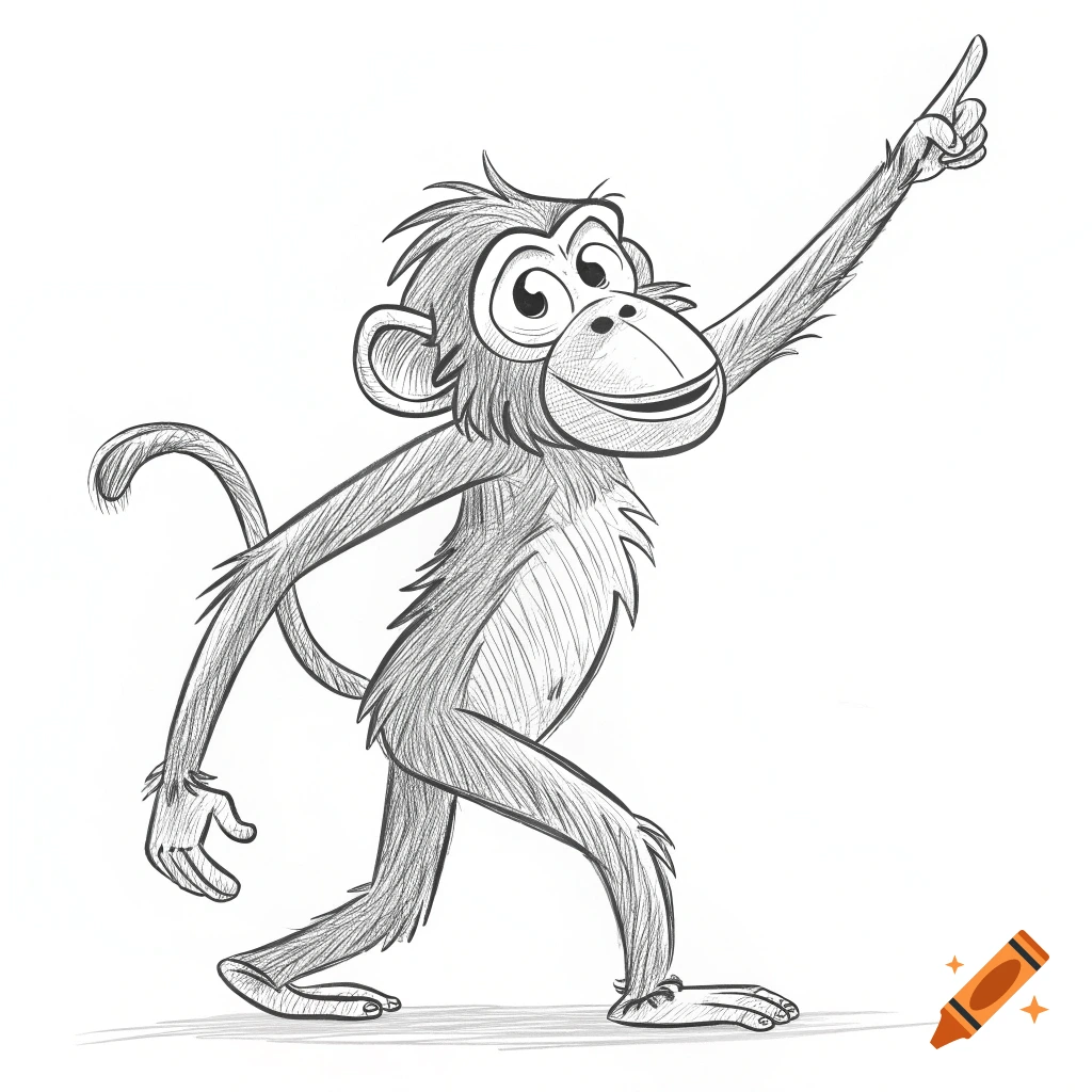 Line drawing sketch of a cartoon monkey pointing upward. on Craiyon