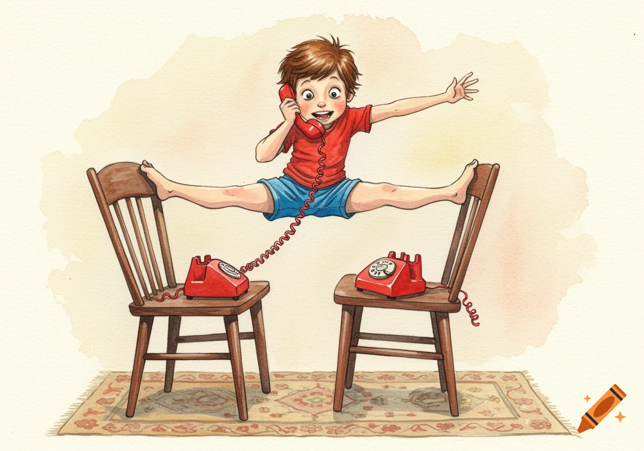 Boy doing a split between chairs while talking on a red rotary phone ...