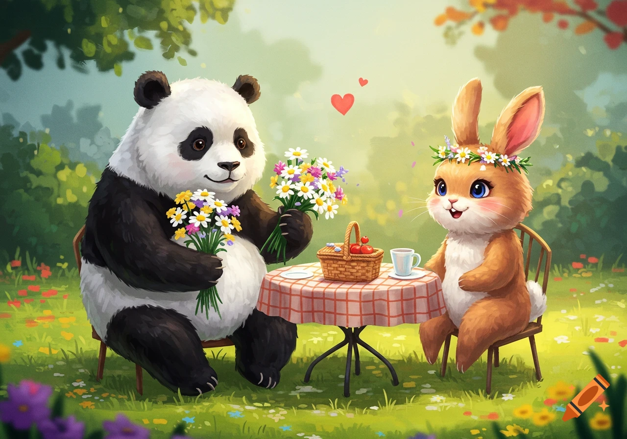 A cartoon panda and rabbit have a picnic with flowers in a sunny garden ...