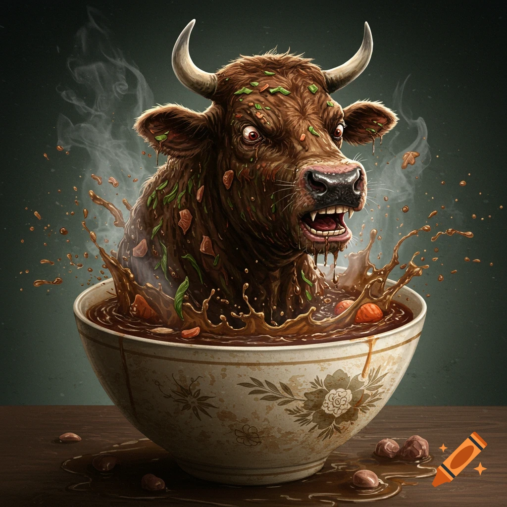 Angry cow head emerging from a bowl of beef soup on Craiyon
