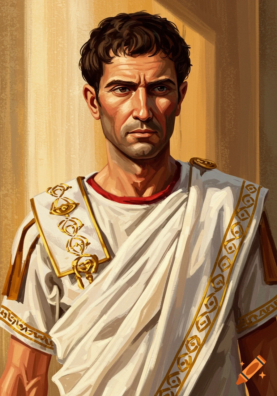 A digital painting of a stern-looking Roman man in a white toga with ...