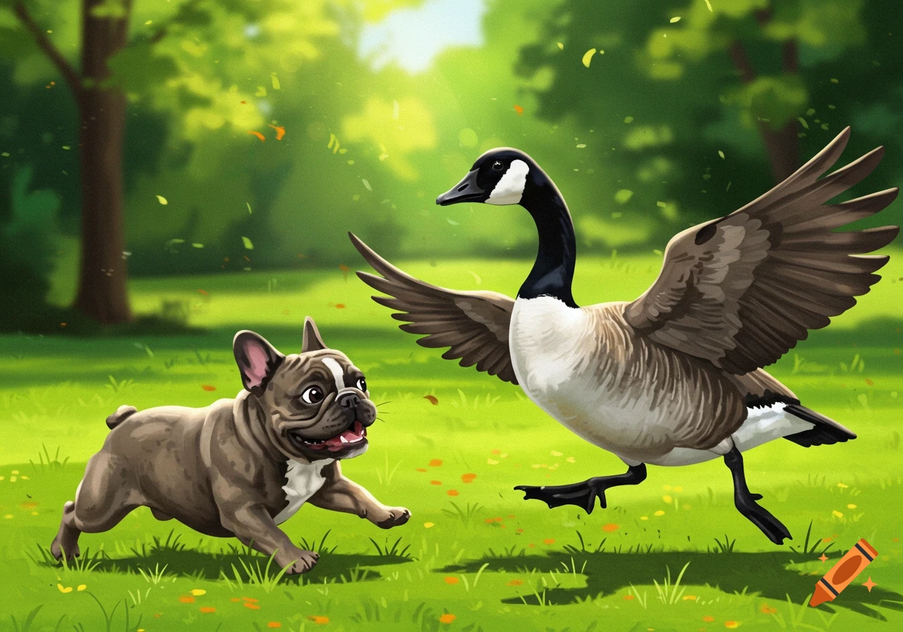 An illustrated French bulldog and a Canada goose run and play in a park ...