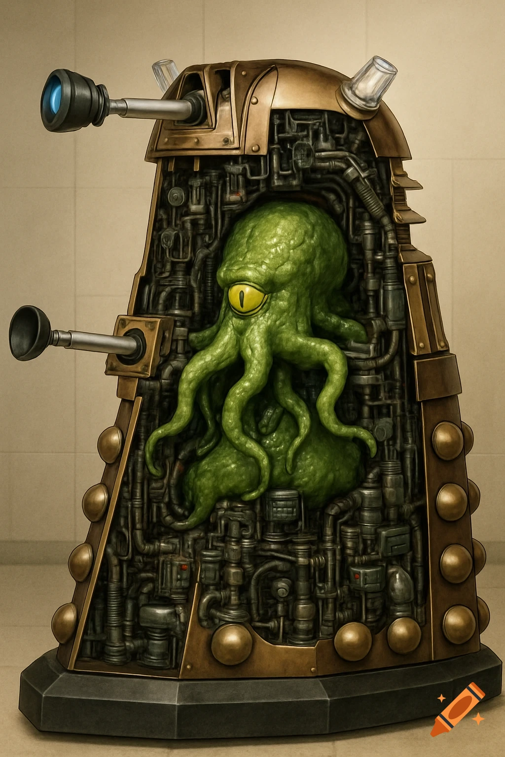 Cross-section illustration of a Dalek casing revealing a green octopus-like mutant inside with ...