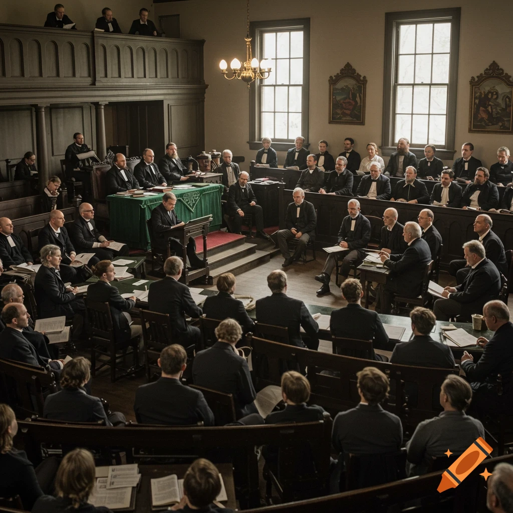 Men in formal attire gather in a historic assembly hall for a ...