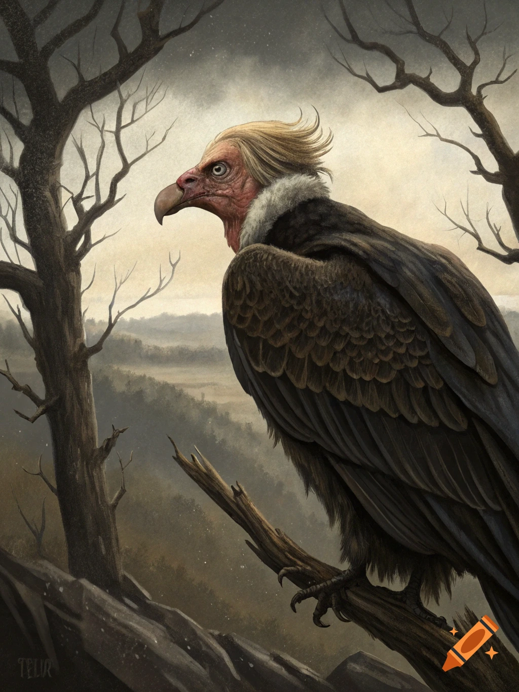 Illustration of a vulture with a human face perched on a dead tree ...