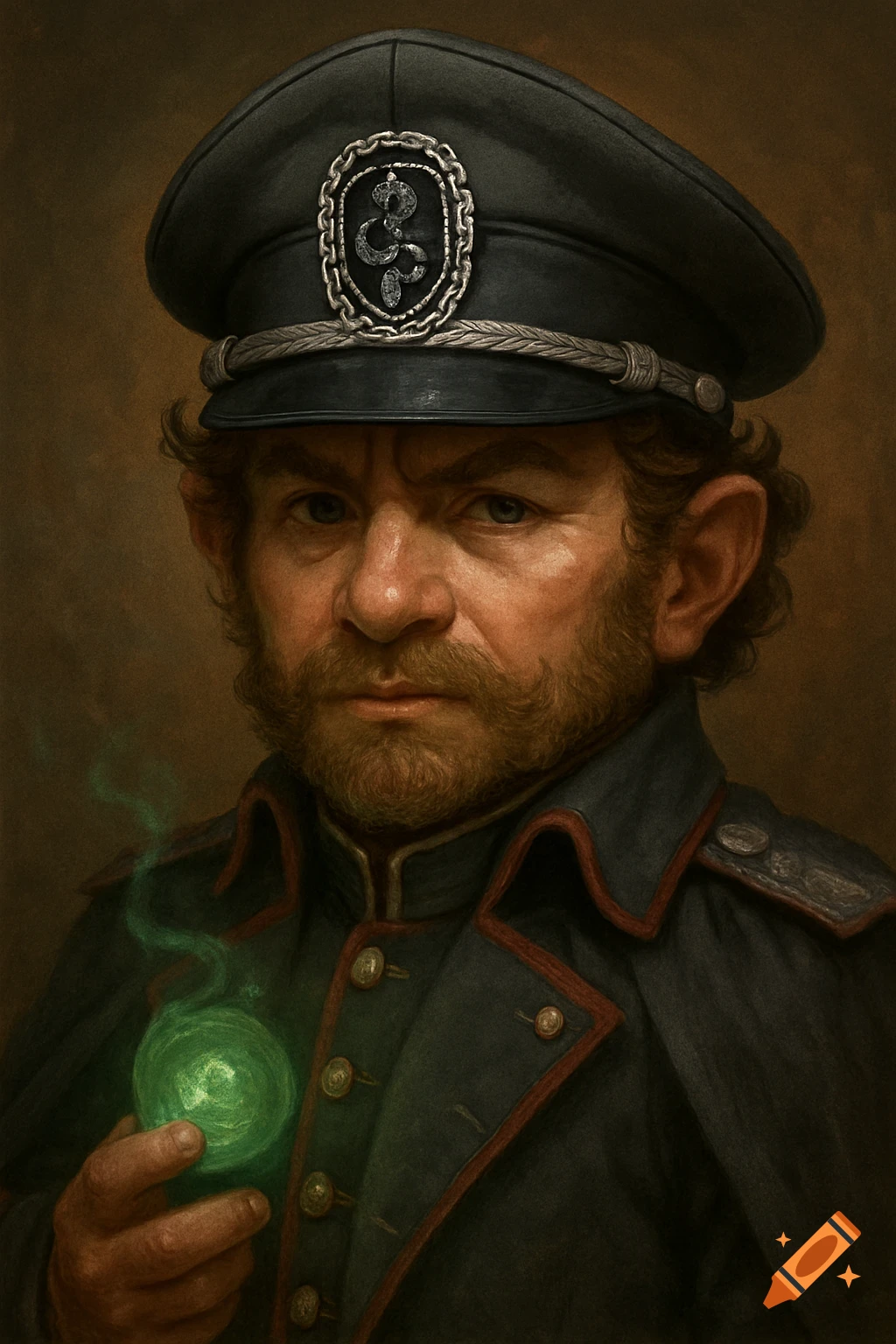 Painterly portrait of a fantasy officer with a beard, wearing a dark ...