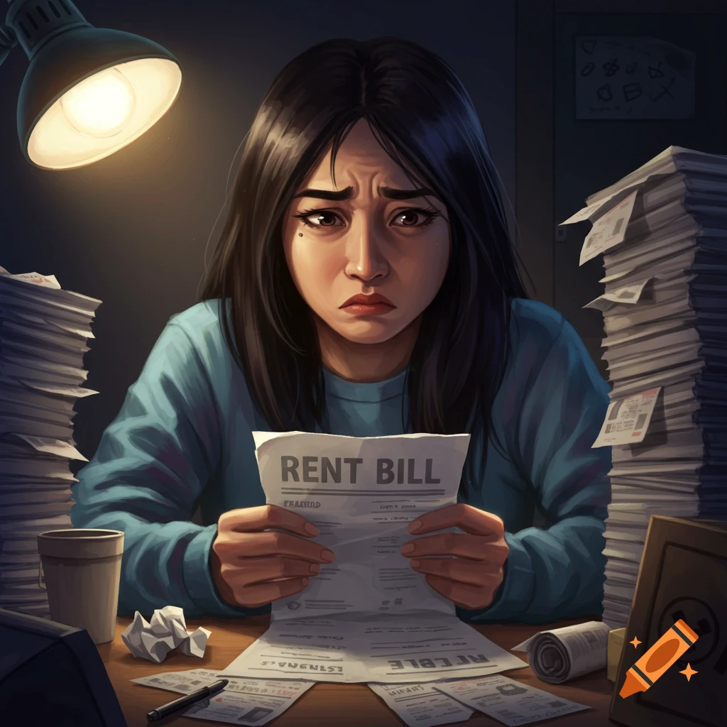 Illustrated portrait of a stressed woman looking at a rent bill ...