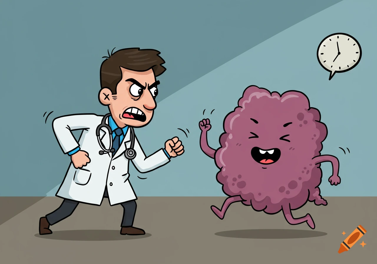 Cartoon of a frustrated doctor chasing a happy tumor. on Craiyon