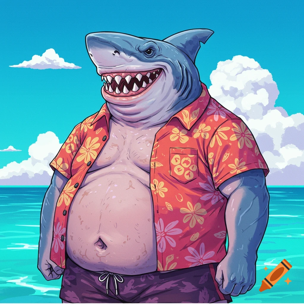 Cartoon fat shark man in Hawaiian shirt and shorts on a beach on Craiyon