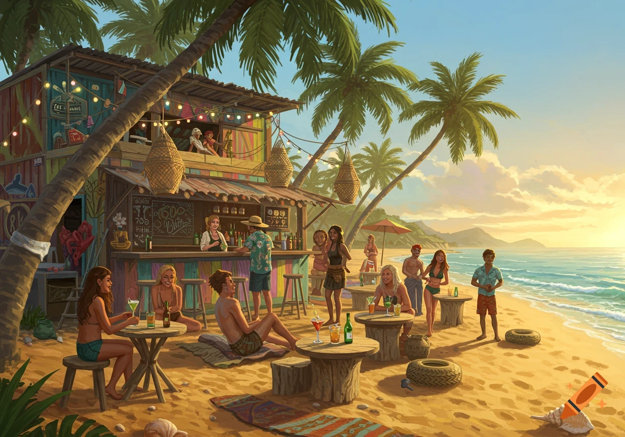 A busy beach bar scene with people relaxing and drinking by the ocean ...