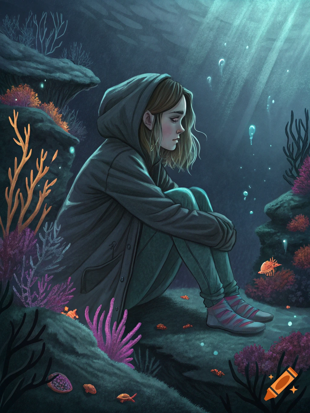 Illustration of a sad person in a hood sitting on rocks underwater ...