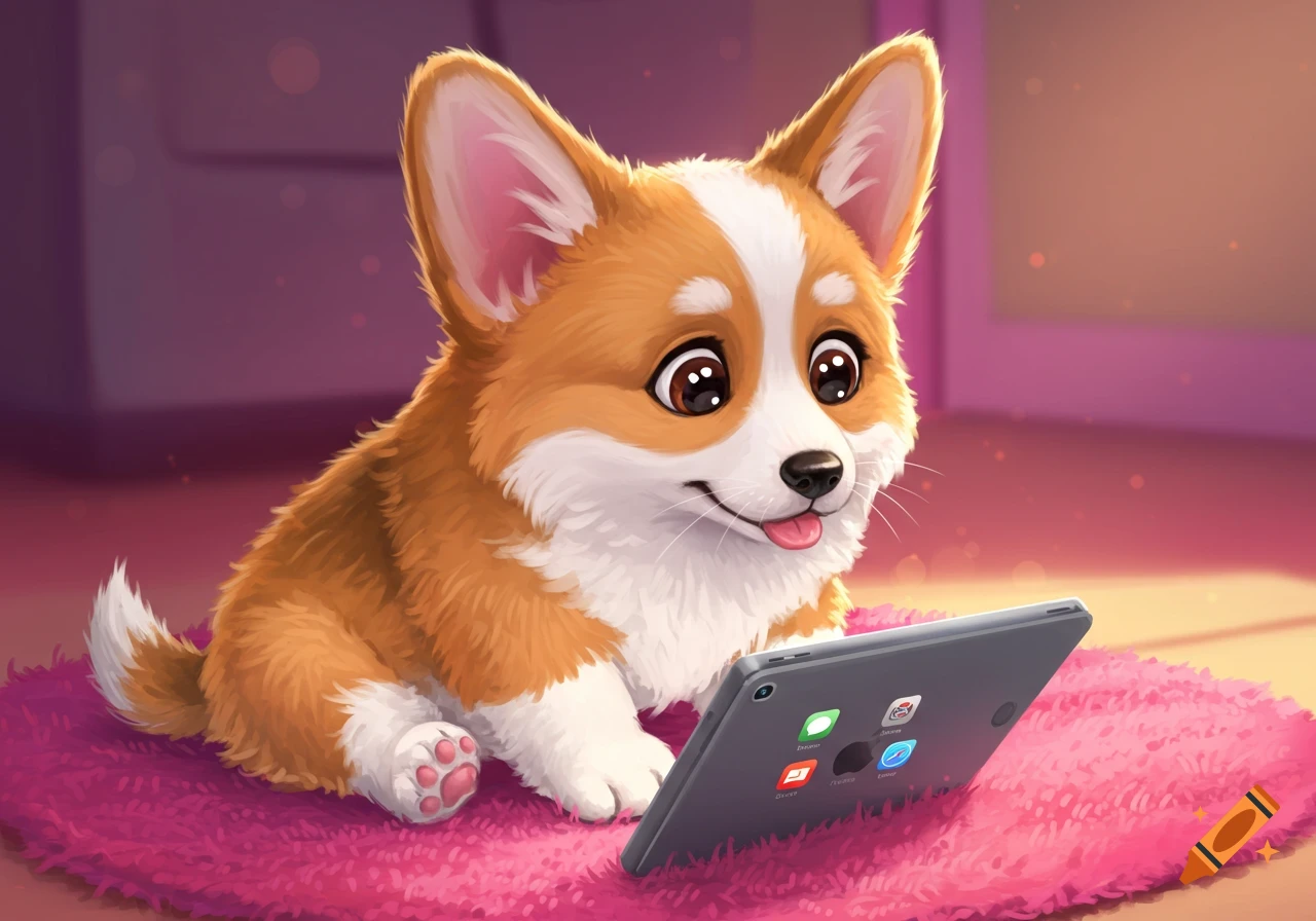 A cute illustrated corgi dog sitting on a pink rug, looking at a tablet ...