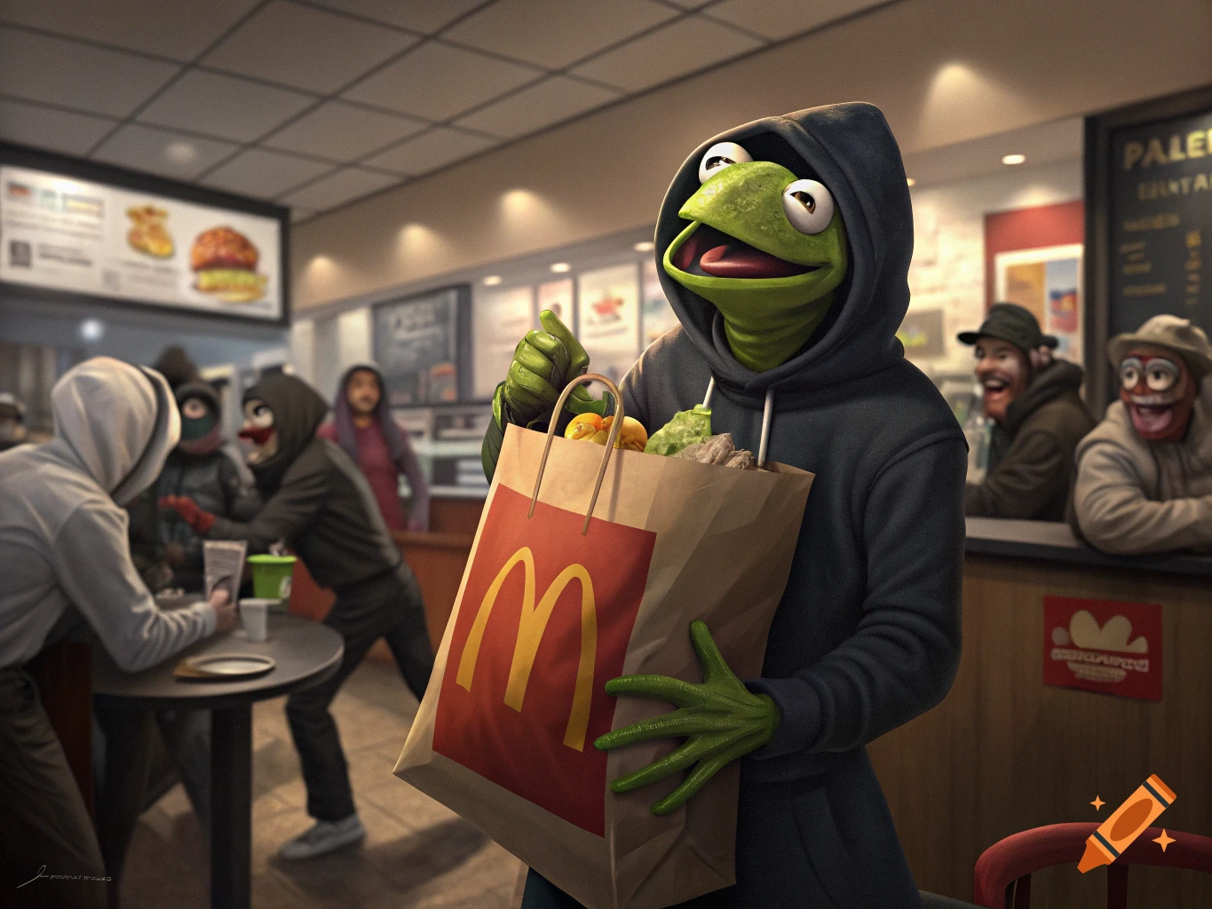 Kermit the Frog in a hoodie holds a McDonald's bag inside a busy ...