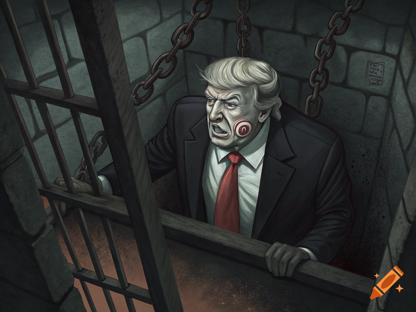 Cartoon illustration of a man resembling Donald Trump chained in a dark ...