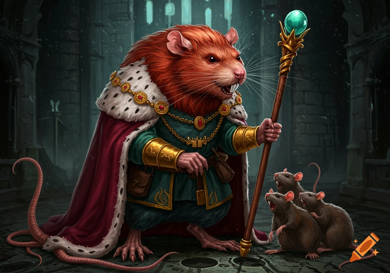 A red-haired rat king wearing a red and gold cloak and holding a ...