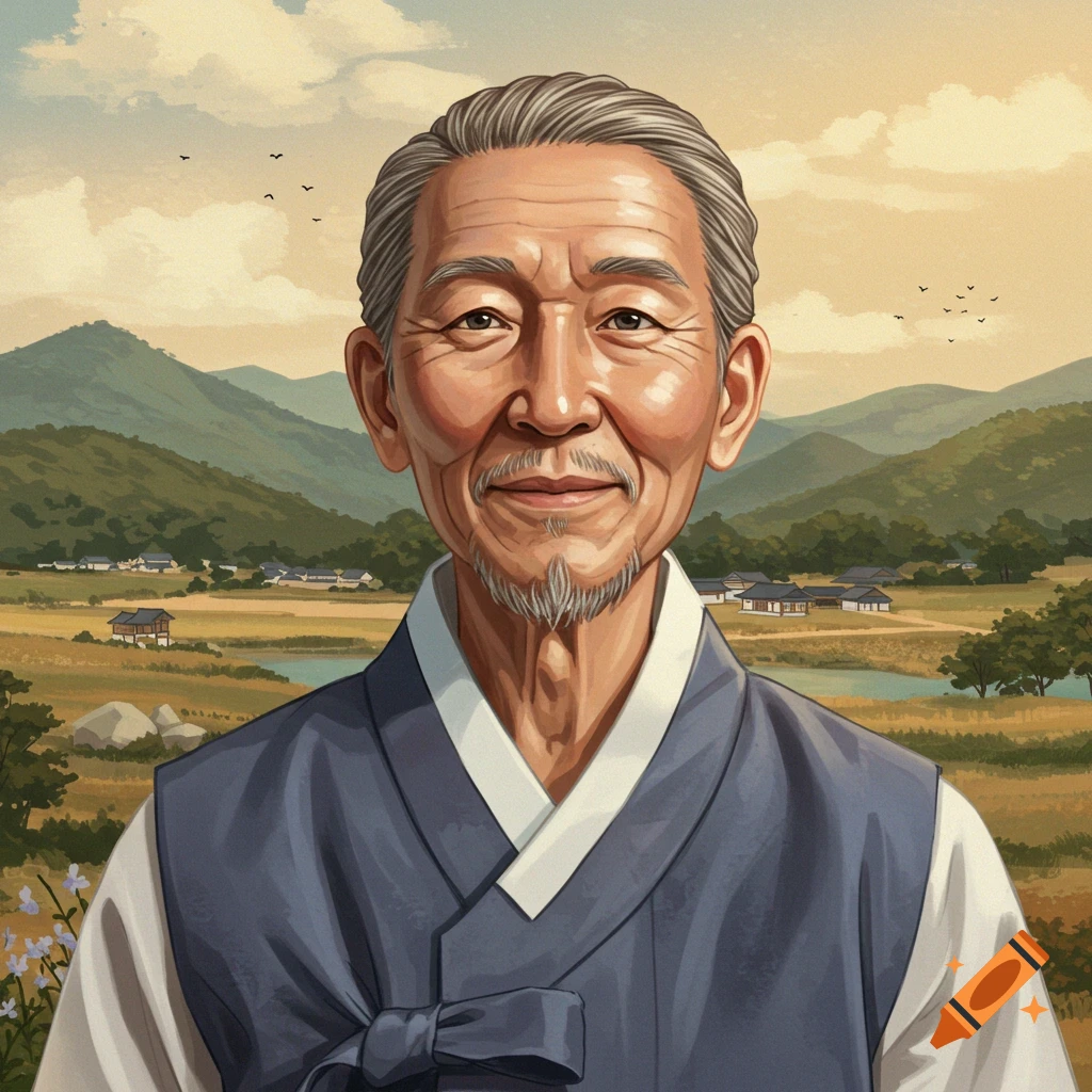 Illustration of an old man in traditional Korean clothing standing in a ...
