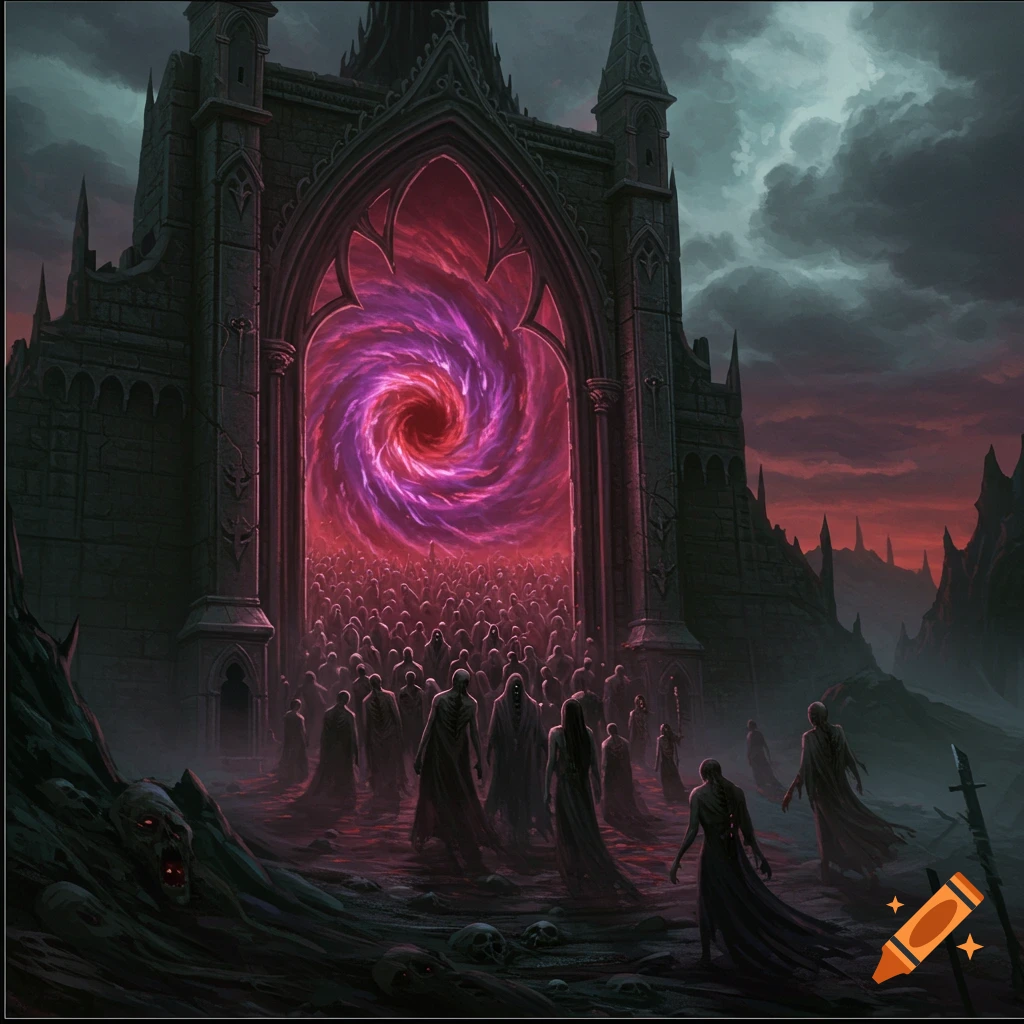 Skeletal figures emerge from a swirling purple and red vortex in a dark ...
