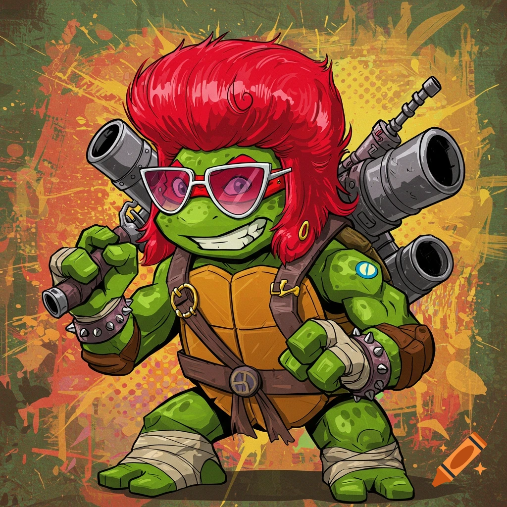 Cartoon Ninja Turtle with red hair, sunglasses, and cannons. on Craiyon