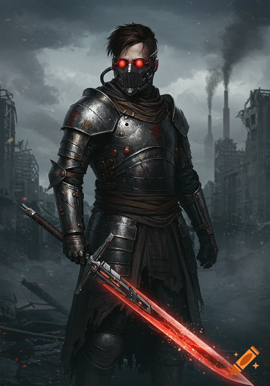 A knight in dystopian futuristic armor holds a glowing red energy sword ...