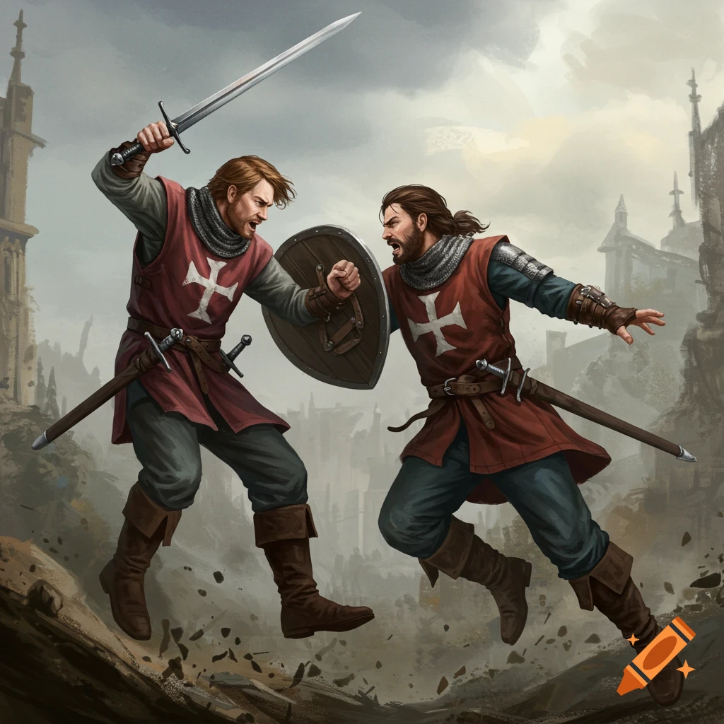 Two medieval warriors fighting with swords and shield, depicted mid-air ...