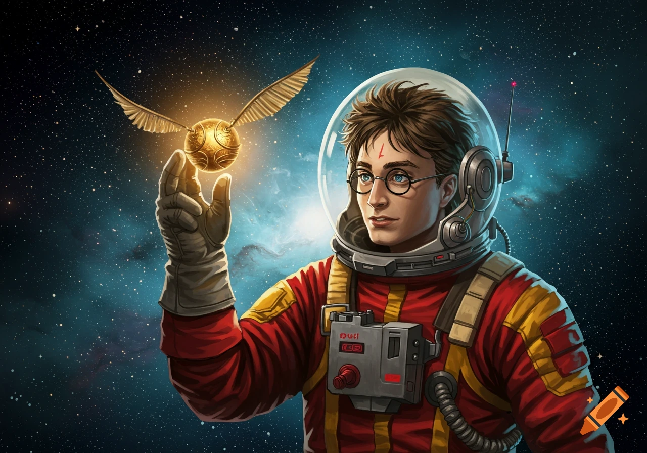 Harry Potter in an astronaut suit floats in space, holding a glowing ...