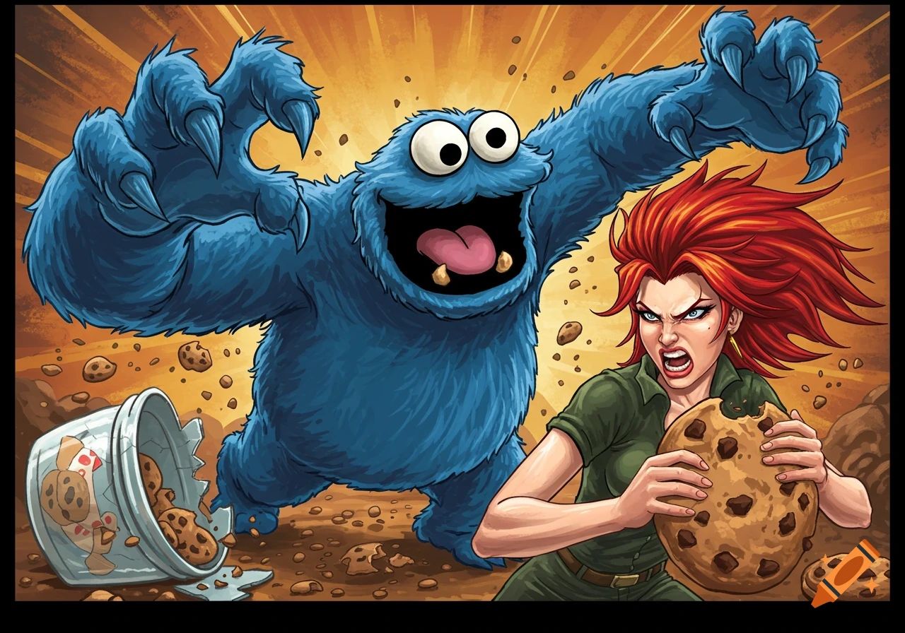 Cartoon style illustration of Cookie Monster fighting a woman over a ...