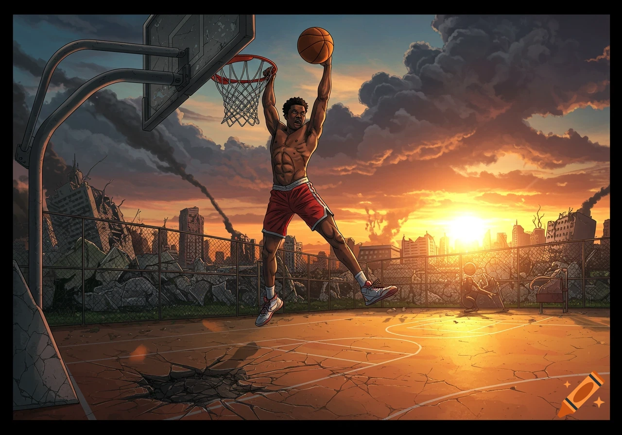 Basketball player dunks in a ruined city at sunset, comic art style. on ...