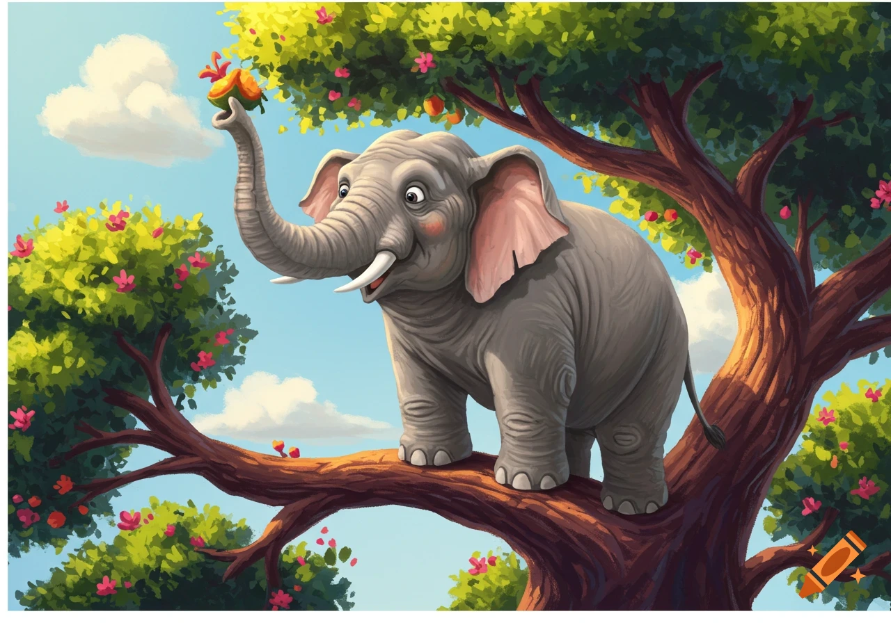 A cartoon-style elephant sits on a large tree branch, extending its ...