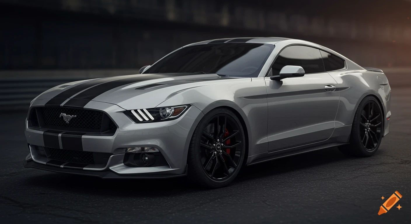 Silver Ford Mustang with black racing stripes and black wheels on Craiyon