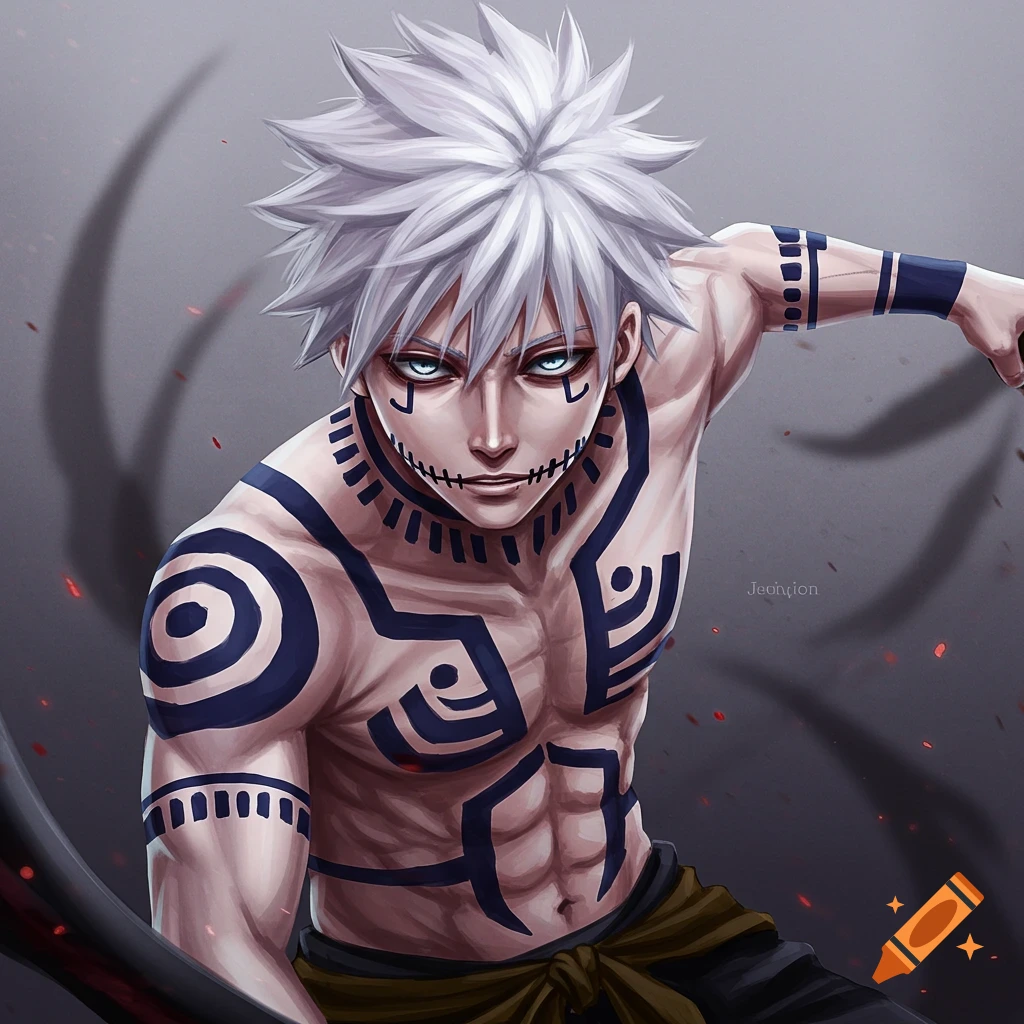 Anime character with white hair, stitched mouth, and tribal tattoos. on ...