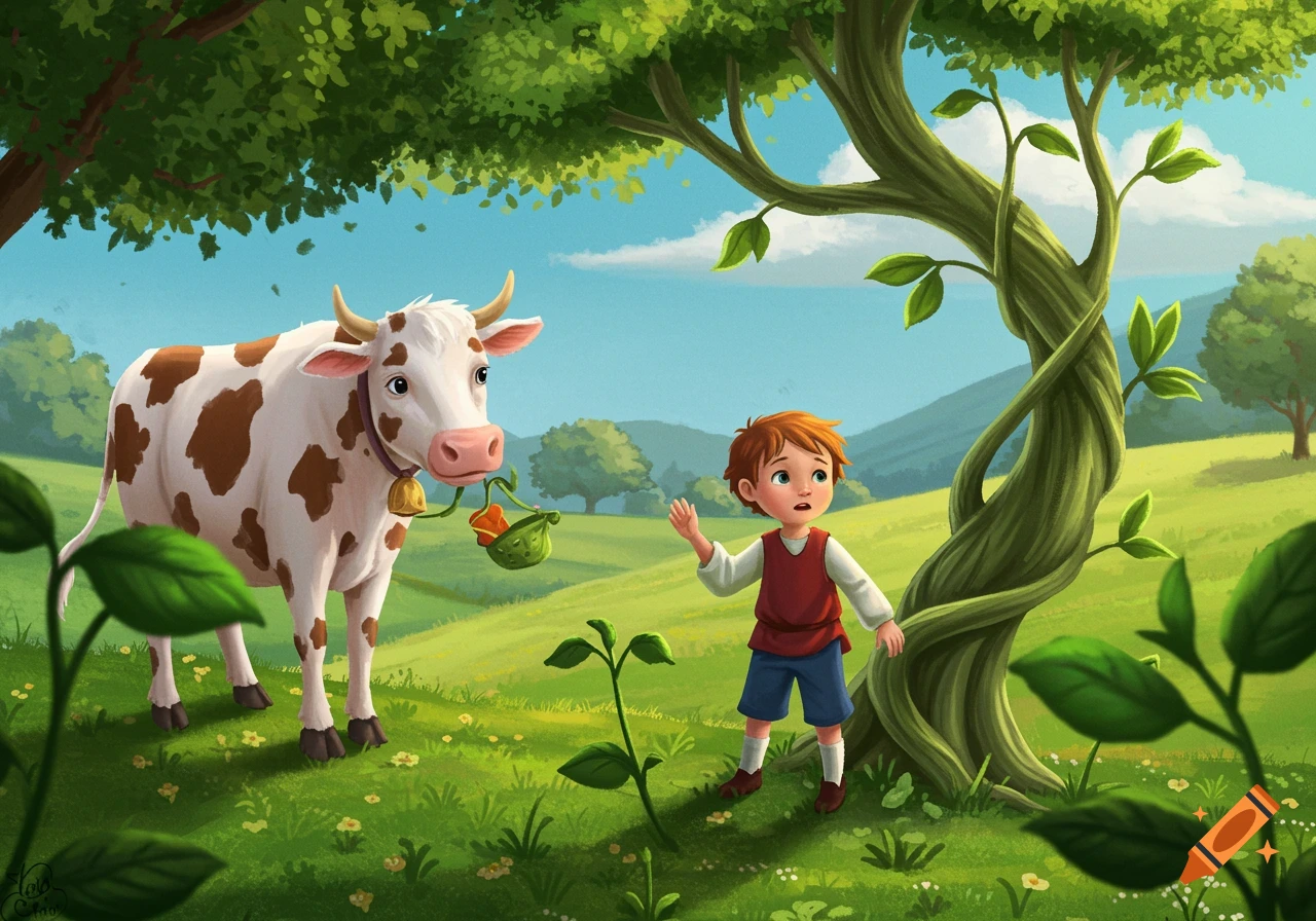 Illustration of a boy with a cow holding a basket of beans near a giant ...