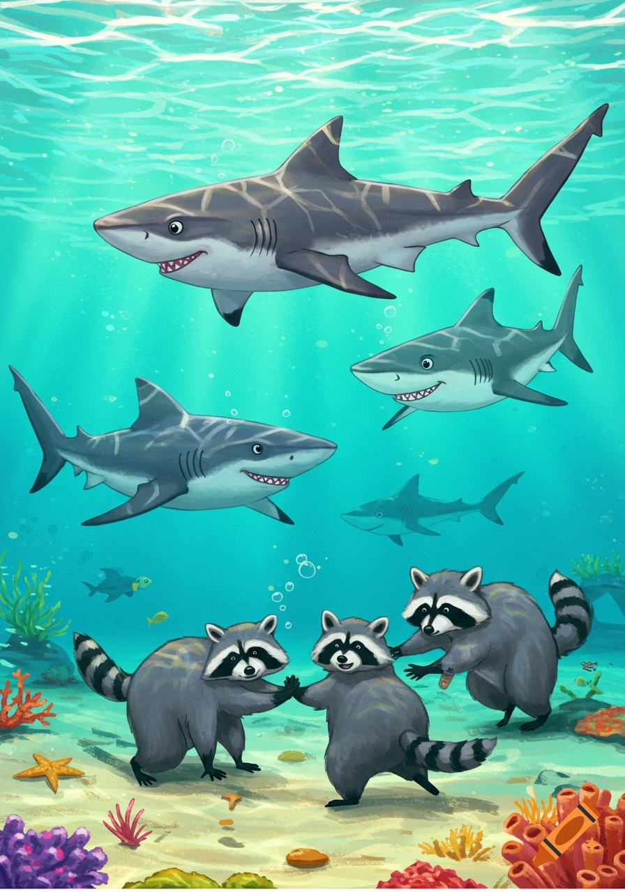 Cartoon sharks swim above raccoons playing on the ocean floor ...